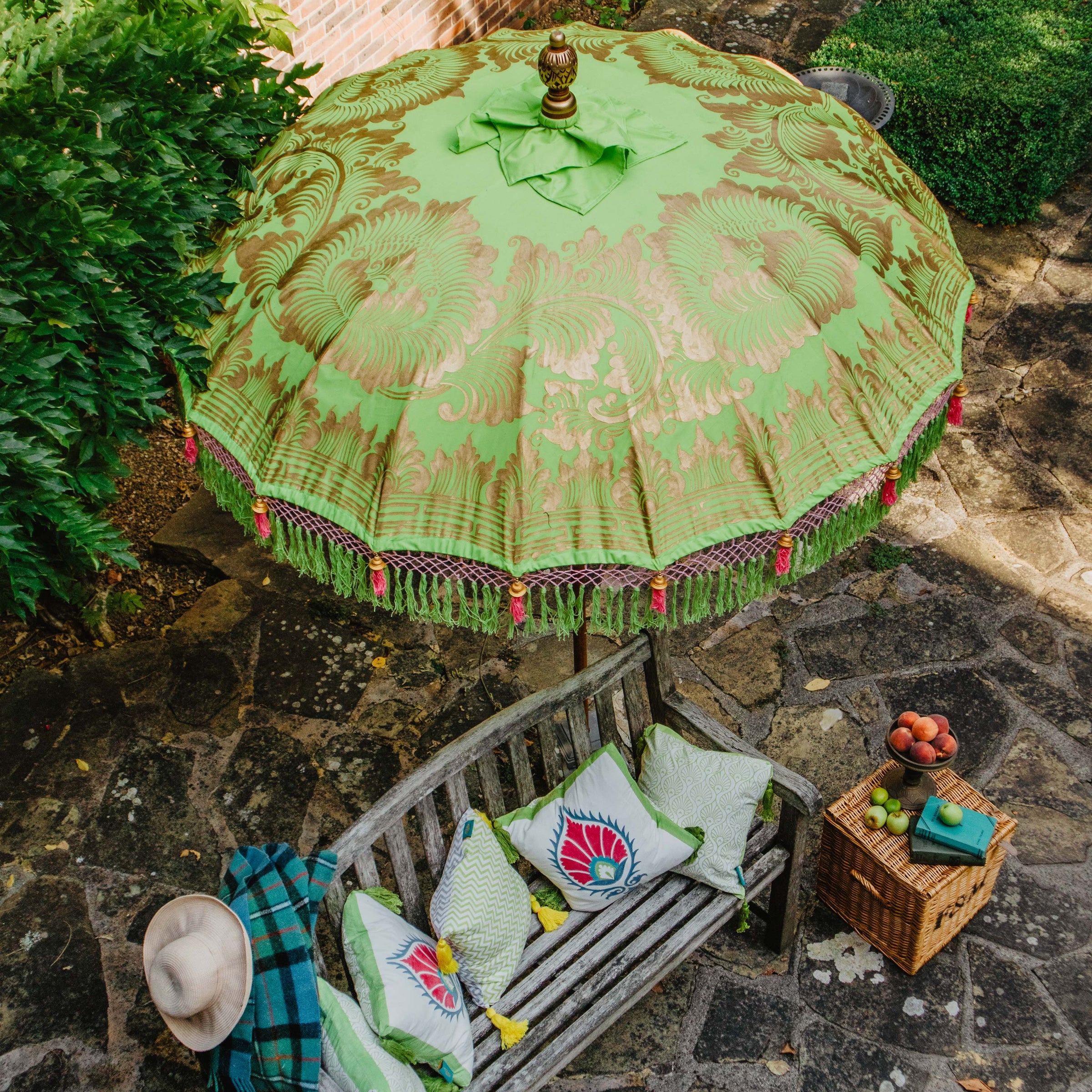Jane Round Bamboo Parasol, handmade green garden decor